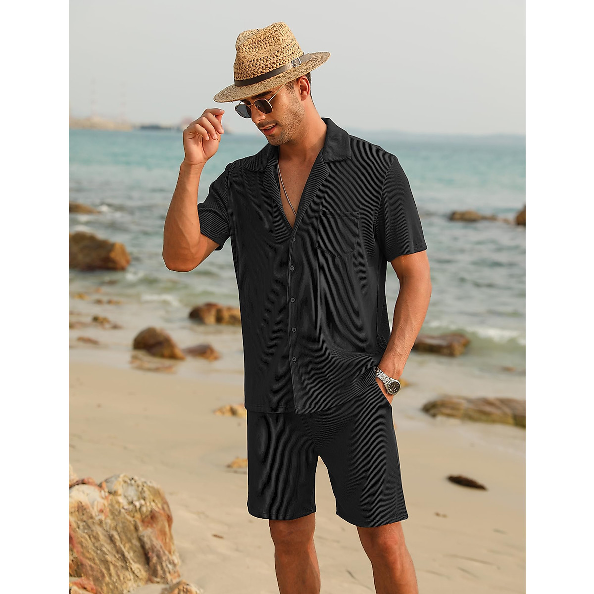 LecGee Mens Vacation Outfits Black Beach Short Sets Oversized Shirts Hawaiian Tracksuits Two Piece Short Set