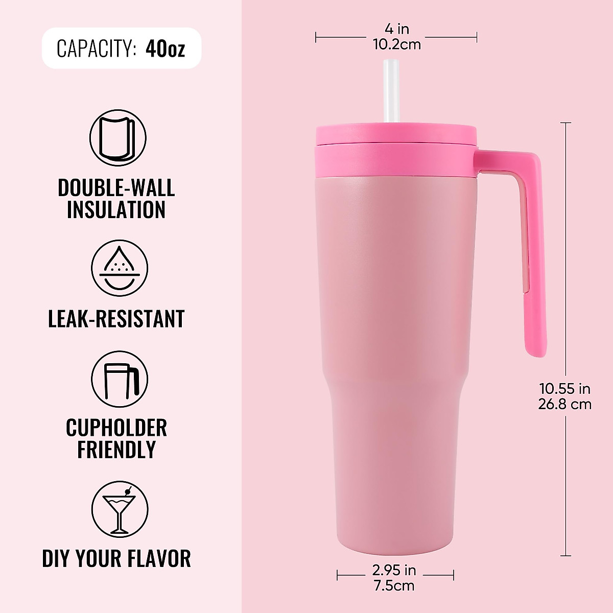 Fijinhom 40 oz Tumbler with Handle and Straw, Triple Layer Insulated Stainless Steel Water Bottle with Infuser, Travel Tumbler Fit Most Cupholder, Gifts for Women & Men, Pink