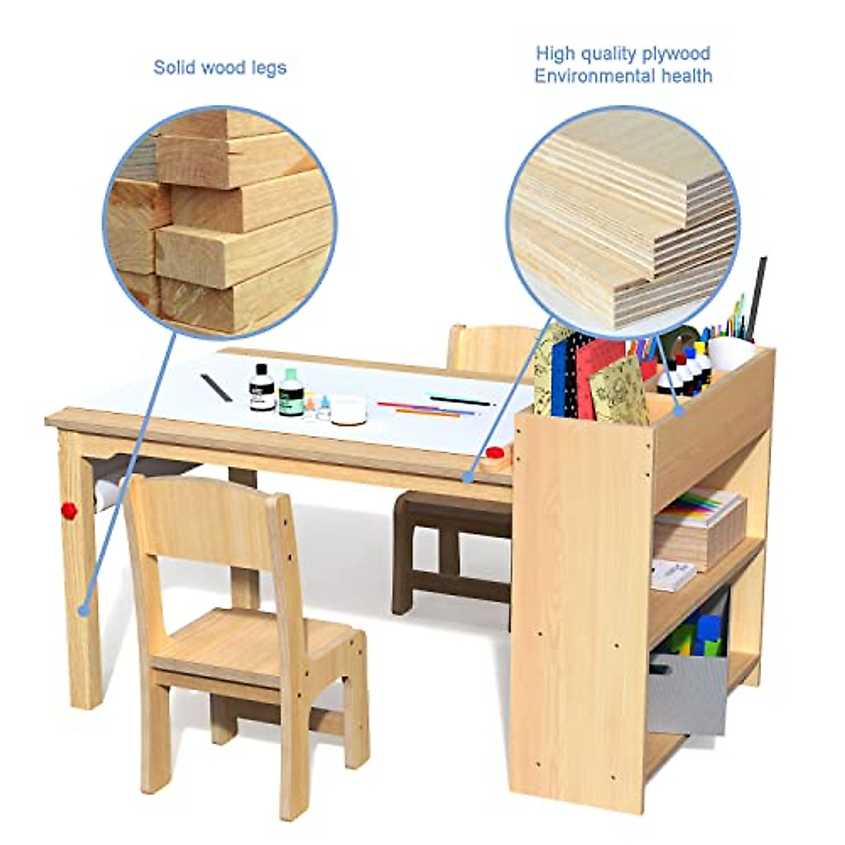 GDLF Kids Art Table and 2 Chairs, Wooden Drawing Desk, Activity & Crafts, Children's Furniture, 42x23