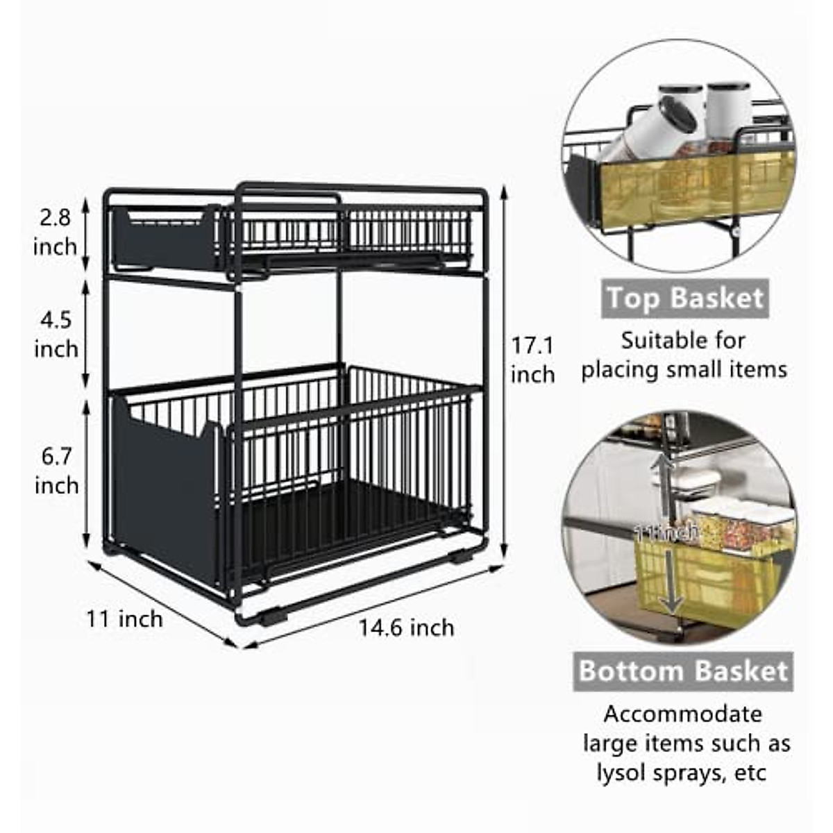 Simple Gear Heavy Duty 2-Tier Under Sink Cabinet Organizers with Sliding Storage Drawer, Pull Out Cabinets Organizer Shelf, Steel Shelf Basket Holds up to 150lbs for Kitchen Bathroom Cabinet or Pantry
