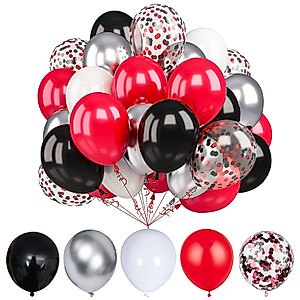 50pcs 12inch Red Black White Silver Balloons and Black Red Confetti Balloons for Graduation Wedding Birthday Baby Shower Party Decorations