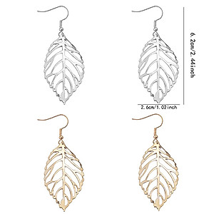 DIYANMMY 2 Pairs Elegant Simulation Hollow Gold Silver Leaf Dangle Drop Earrings Bohemian Vintage Minimalist Hypoallergenic Jewelry Gift (Gold Silver Leaf Earrings)