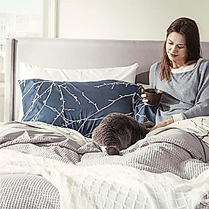 Bedsure Twin Comforter Set - Twin Bed Set 5 Pieces, Reversible Navy Blue Bed in a Bag Tree Branch Pattern Printed with Comforter Twin Size, Sheets, Pillowcase & Sham