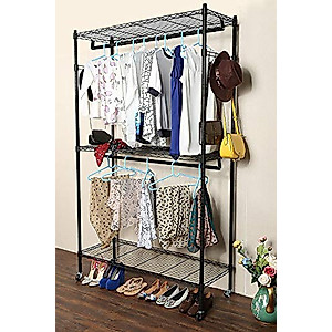 BATHWA Free Standing Closet Wire Shelving Clothing Rolling Rack Heavy Duty Garment Rack with Wheels and Side Hooks