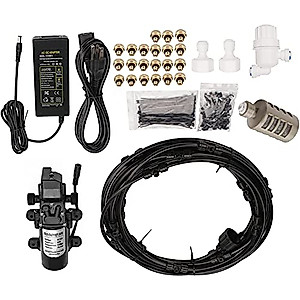 Misting Cooling System 12V Outdoor Water Pump Electric 20 Feet 6 Meter Mist Nozzles Spray Fan Mist System for Patio Water Spray Garden Greenhouse Mist Plants Roofline (15meter (50feet) + pump)