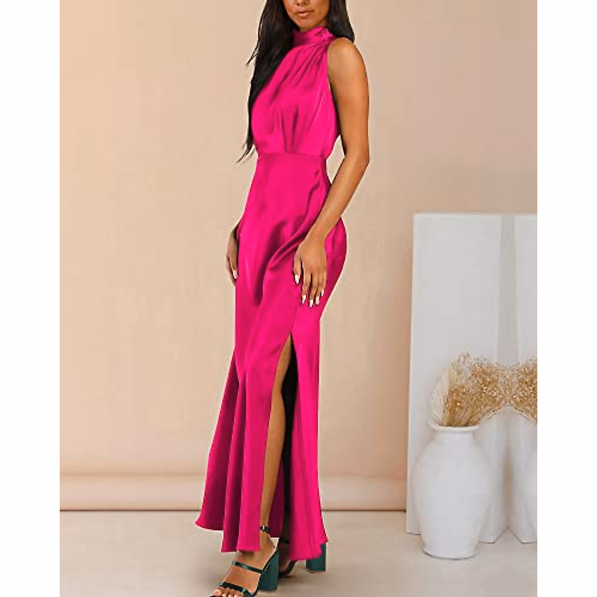 BTFBM Women Sleeveless Mock Neck Cocktail Dresses Keyhole Elastic Waist Party Wedding Guest Satin High Split Maxi Dress(Solid Rose Red, Medium)