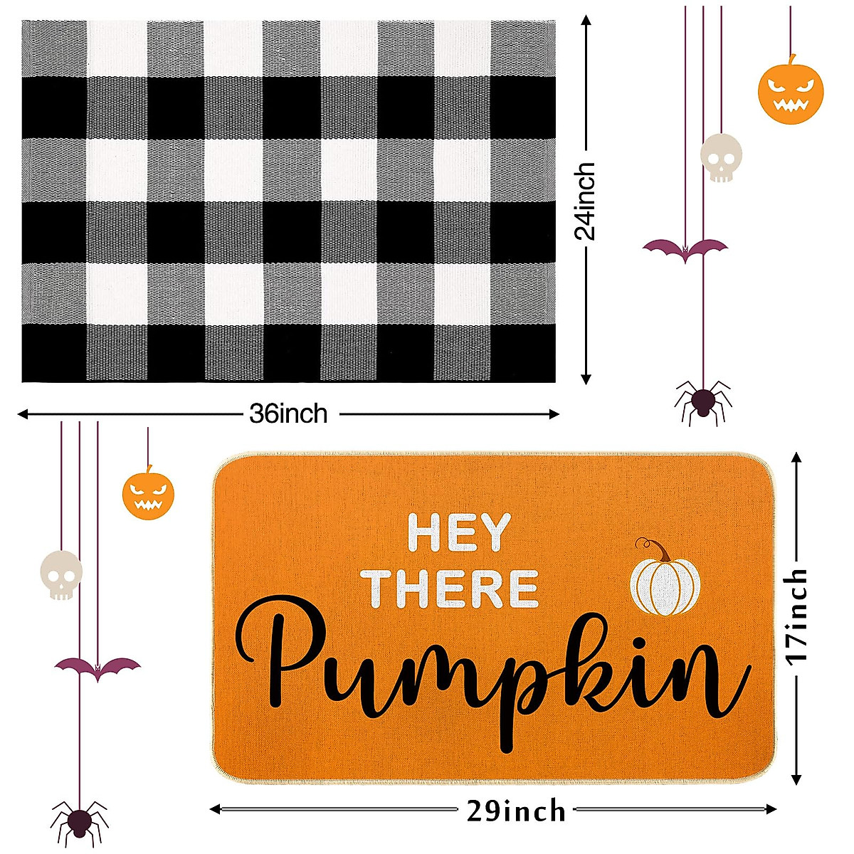 Hey There Pumpkin Door Mat 2 Pcs Fall Welcome Mat with Buffalo Plaid Rug Fall Decor - Autumn Thanksgiving Halloween Front Porch Entryway Outdoor Entrance Doormat