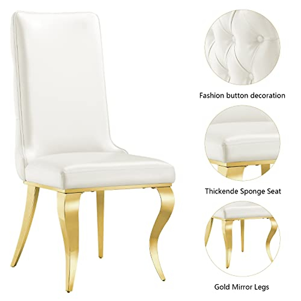 AZhome Dining Chairs, White Faux Leather Upholstered Dining Room Chairs in Button-Tufted Back, Dining Chairs with Gold Legs for Kitchen Dining Room, Set of 2