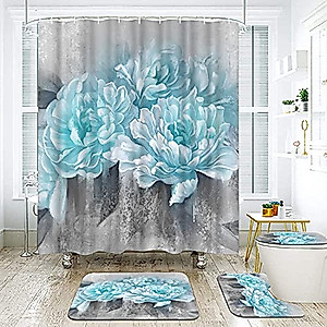 DuoBaorom 4 Pieces Set Teal Blue Flower Shower Curtain Set Elegant Floral Picture Print on Non-Slip Rugs Toilet Lid Cover Bath Mat and Bathroom Curtain with 12 Hooks 72x72inch
