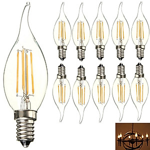 E14 Base LED Light Bulbs 4W CA11 Antique Candelabra Filament Candle Lamp Bulb, Energy Saving Warm White 2700K Vintage Style Flame Shape Bent Tip Bulb (10 Pack)