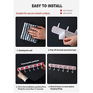 BOSGAS Adhesive Wall Hook with 6 Rotate Hooks,Wall Coat Rack, Perfect for Hanging Clothes Cooking Tool Towel in Kitchen and Bedroom, Easy to Use, Strong Bearing Capacity (Pink 2 Pack)