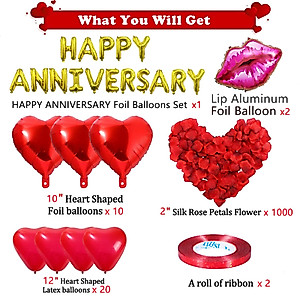 Anniversary Decorations, Happy Anniversary Banner, Latex Heart Balloons, Foil Heart Balloons, Red Silk Rose Petals for Romantic Night Weddings Bridal Showers Bachelorette Party Decorations