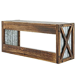 MyGift Solid Burnt Wood Wall Mounted Display Shelves with Corrugated Galvanized Metal and X Design, Floating Shadow Box Cube Shelf