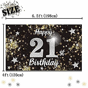 Nelbiirth Happy 21st Birthday Black & Silver Star Large Banner - Cheers to 21 Years Old Birthday Home Wall Photoprop Backdrop, 21st Birthday Party Decoration.