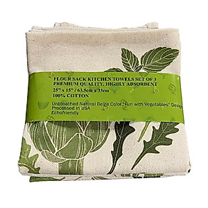 Fancy Flour Sack Kitchen Towels Set of 3 Premium Quality, Highly Absorbent, Vegetable Print White