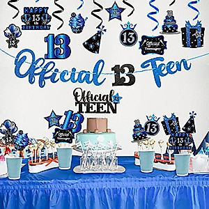 BUoonyer 42pcs 13th Black Blue Official Teen Birthday Banner Party Decorations, 13 Years Old Glitter Hanging Garlands Swirls Signs for Boys Girls, Cake Topper Centerpieces Decor Photo Booth Props