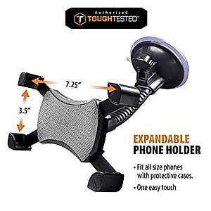 ToughTested Mammoth Windshield Mobile Mount, Features Double-Ribbed Gooseneck Arm, Expandable Claw Grip Holder with 360 Degree Rotation, Extra Large Suction Cup, Quick Release Button