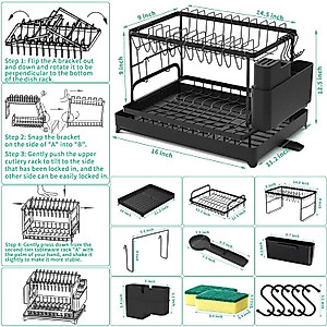 Dish Drying Rack,Dish Rack for Kitchen Counter,2 Tier Large Dish Drying Rack with Drainboard Stainless Steel Dish Drainer with Drainage Utensil Holder for Dish/Knifes/Cup/Cutting Board(16*11*12.5 IN)