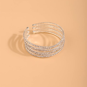 YERTTER Multi Row Layered Glitter Bracelets Cuff Bracelet Stretch Tennis Chain Rhinestone Adjustable Band Cuff Elastic Bangle 1920s Bridal Body Jewelry Accessories for Women and Girls Wedding (Cuff-3 Row Cross Silver)