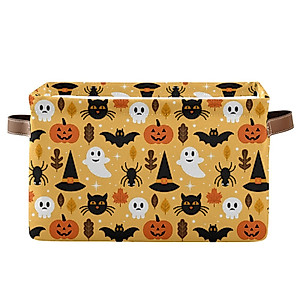 Large Storage Basket Halloween Spooky Skull Pumpkin Black Cat Foldable Storage Box Organizer Bins with Handles for Bedroom Home Office