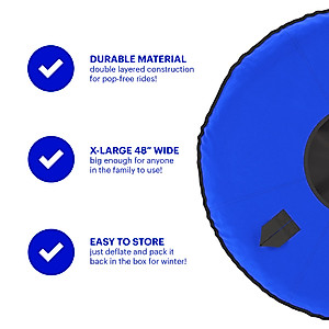 Float World Heavy Duty Snow Tube for Adults - Large 48 In Extra Durable Snow Tubing Winter Toy for Ski Mountains - Thick Vinyl Cover for Non-Pop Non-Stop Sledding (Blue)