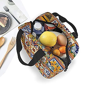 TTLIVEVIP Yellow Lunch Bag for Women, Insulated Lunch Box Reusable Lunch Cooler Tote Bag Thermal Lunchbag for School Picnic Work, Mexican Tiles