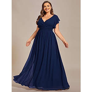 Ever-Pretty Women's Ruched V Neck A-Line Ruffles Sleeves Summer Maxi Plus Size Cocktail Dress Navy Blue US16