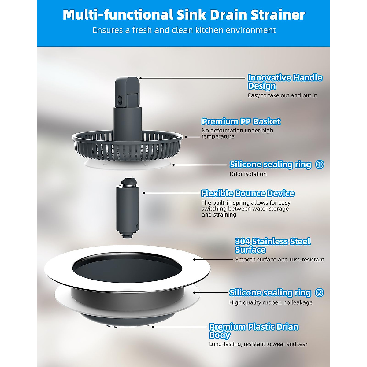 Hibbent 3 in 1 Kitchen Sink Drain Strainer and Stopper Combo, Chrome Stainless Steel Wraped Shell, Anti-Clogging Basket Strainer with Foldable Handle for US Standard 3-1/2" Drain