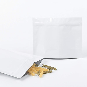 QQ Studio Pack of 100 Double-Sided Glossy Wide Mouth Smell Proof Stand Up Resealable Pouch Bags (Glossy White, 8.25x6.5" (7oz))