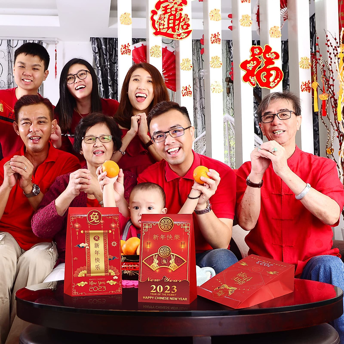 MIMIND 24 Pieces 2023 Happy Chinese New Year Gift Bags Lunar New Year Spring Festival Treat Candy Favor Bags with Round Sticker for Year of The Rabbit Chinese New Year Party Supplies Decors, 6 Design