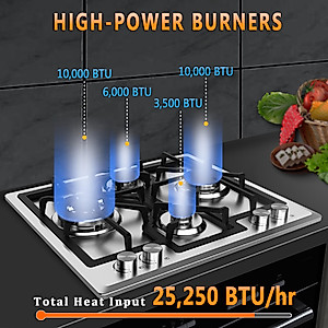 Gas Cooktop 24 inch, Bulit-in Gas Stove Top with 4 Burner, 24 Inch NG/LPG Convertible Cooktops, Four Burner Propane Cooktop with Thermocouple Protection, Stainless Steel