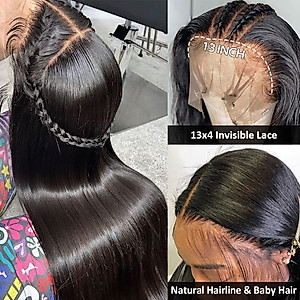 Hermosa 13x4 Straight Human Hair Lace Front Wigs for Black Women 26 inch 180 Density HD Lace Front Wig Human Hair Pre Plucked with Baby Hair Natural Hairline Black Color