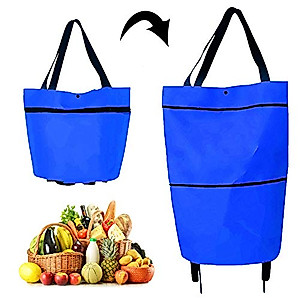 2 in 1 Foldable Shopping Cart, Collapsible Two-Stage Zipper Grocery Cart with Wheels Shopping Bag, Multifunction Telescopic Storage Bag for Traveling Shopping(Blue)