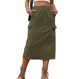Dokotoo Women's Y2K Drawstring Cargo Midi Skirt Casual Adjustable High Waist Skirt with Pockets Cargo Skirts Work Skirts for Women Green Medium