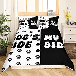 Cute Dog Paws Print Duvet Cover Set Queen Size,Dog Side My Side Bedding Set,Boys Girls Room Decor,Kawaii Puppy Animal Pet Rustic Comforter Cover,Black White Quilt Cover,2 Pillowcases(No Comforter)
