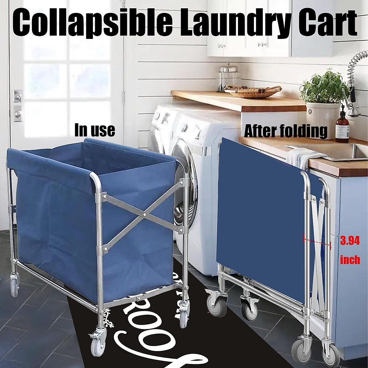 Collapsible Laundry Cart with Wheels Commercial 12 Bushel Folding Laundry Basket, Heavy Duty Rolling Laundry Hamper with Removable Waterproof Oxford Bag and Reinforced Steel Frame, 330 lbs Load ﻿