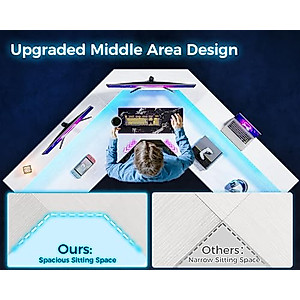 ODK L Shaped Gaming Desk with LED Lights & Power Outlets, 51" Computer Desk with Full Monitor Stand, Corner Gaming Table with Hooks & Cup Holder, White