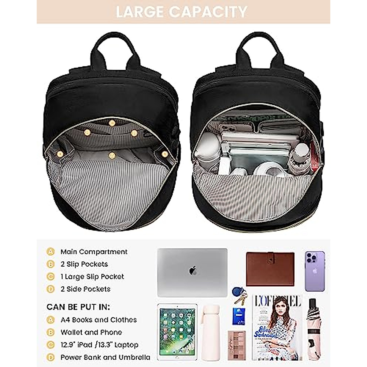 LOVEVOOK Laptop Backpack for Women,15.6 Inch Fashion Travel Backpack,Large Capacity Backpack Purse with USB,Water-resistant fits College Work Business Travel （Black）