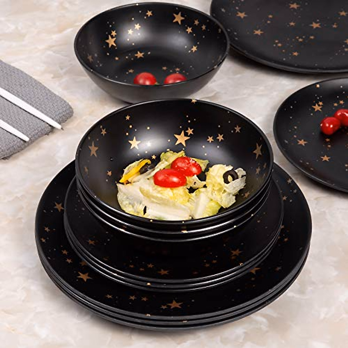 Melamine Dinnerware Sets for 4,12 Piece Plates and Bowls Sets - BPA Free, Dishwasher Safe, Outdoor Indoor Use,Star Pattern