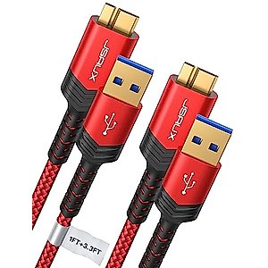JSAUX Hard Drive Cable [2 Pack,0.3M+1M] USB 3.0 A to Micro B Nylon Cable Compatible with Portable External Hard Drives,WD Elements,Seagate Expansion,Toshiba,Samsung M3 1TB/Galaxy S5/Note 3-Red