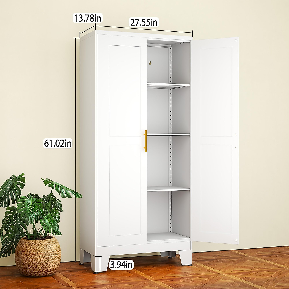 RISTERN White Metal Storage Cabinet, 61" Steel File Cabinet for Home Office, Kitchen Pantry Storage Cabinet with Doors and 3 Adjustable Shelves, Tool Cabinet, for Office, Home, Garage, School