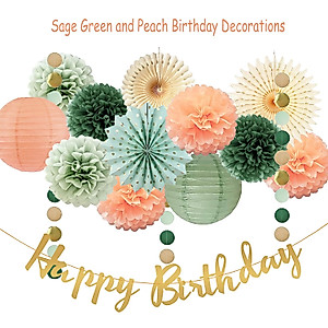 Sage Green and Peach Birthday Decorations Olive Sage Green Peach Tissue Paper Pom Poms Paper Lanterns Gold Happy Birthday Banner for Olive Sage Green and Peach Birthday Baby Shower Decorations