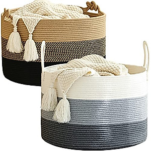 KAKAMAY Large Cotton Rope Blanket Basket (20"x13"),Woven Baby Laundry Hamper，Blanket Basket for Nursery, Laundry, Living Room, Pillows, Toys（Jute/Black）