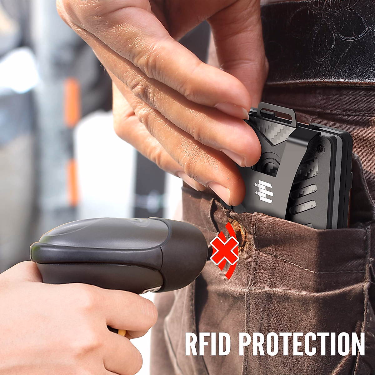 Elilier Minimalist Wallet for Men, Unisex Adults, RFID Protected, Carbon Fiber & Aluminum, Slim, Black with Clear ID Badge Holder