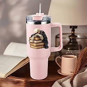 LB LEOBON 40 ounce insulated cup with handle, double-layer vacuum stainless steel material, equipped with straw, can keep warm or maintain cold drinks Skeletons Sleeping Books 2 Light pink