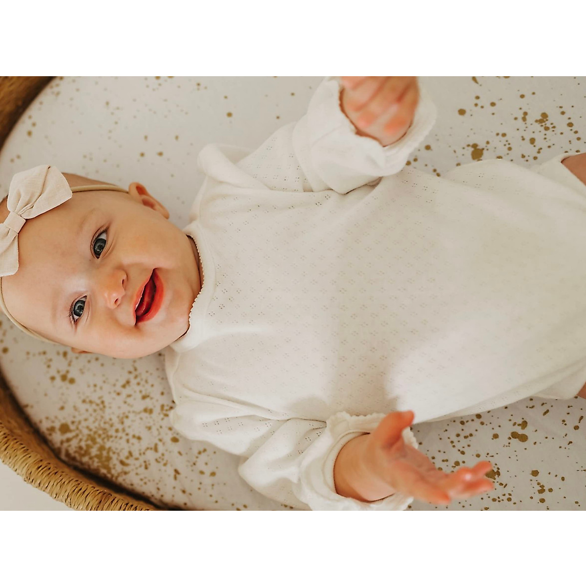 NODNAL CO. 3 Fitted Gold Bassinet Sheets Set for Baby Girl - 100% Oeko-TEX Cotton - Shimmery Glitter Geometric Shapes, Dots and Lines - Cradle/Moses Basket Hourglass, Oval & Rectangle Mattress Sheet