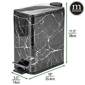 mDesign Slim Metal Rectangle 1.3 Gallon/5 Liter Trash Can with Step Pedal, Easy-Close Lid, Removable Liner - Narrow Wastebasket Garbage Container Bin for Bathroom, Bedroom, Kitchen - Black Marble