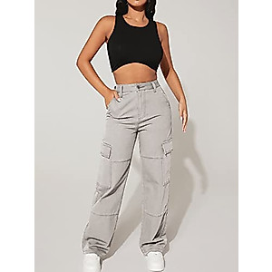 MakeMeChic Women's Cargo Jeans High Waist Flap Pocket Straight Leg Denim Pants Petite Light Grey Petite M