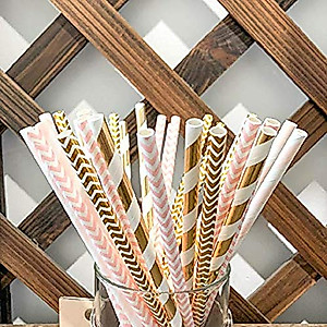 Biodegradable Paper Straws, 100 Pink Straws/Gold Straws for Party Supplies, Birthday, Wedding, Bridal/Baby Shower Decorations and Holiday Celebrations