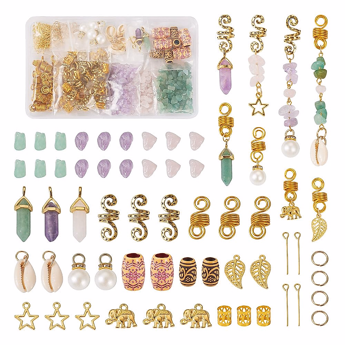 KISSITTY Hair Jewelry Beads Gem Charms for Braids Tibetan Style DIY Hair Dreadlocks Braiding Kit Gemstone Shell Hair Clips Coil Cuffs Accessories for Women Girl Hair Braids Decorations